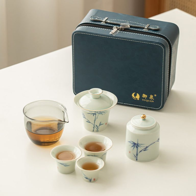 Antique Hand-Painted Bamboo Ceramic Portable Travel Tea Kit Set in Case
