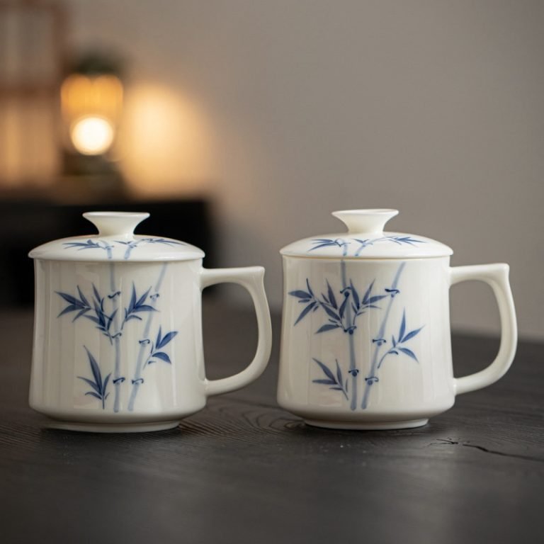 12.5 Fl Oz/370 ML Bamboo Pattern Blue and White Chinese Porcelain Tea ...