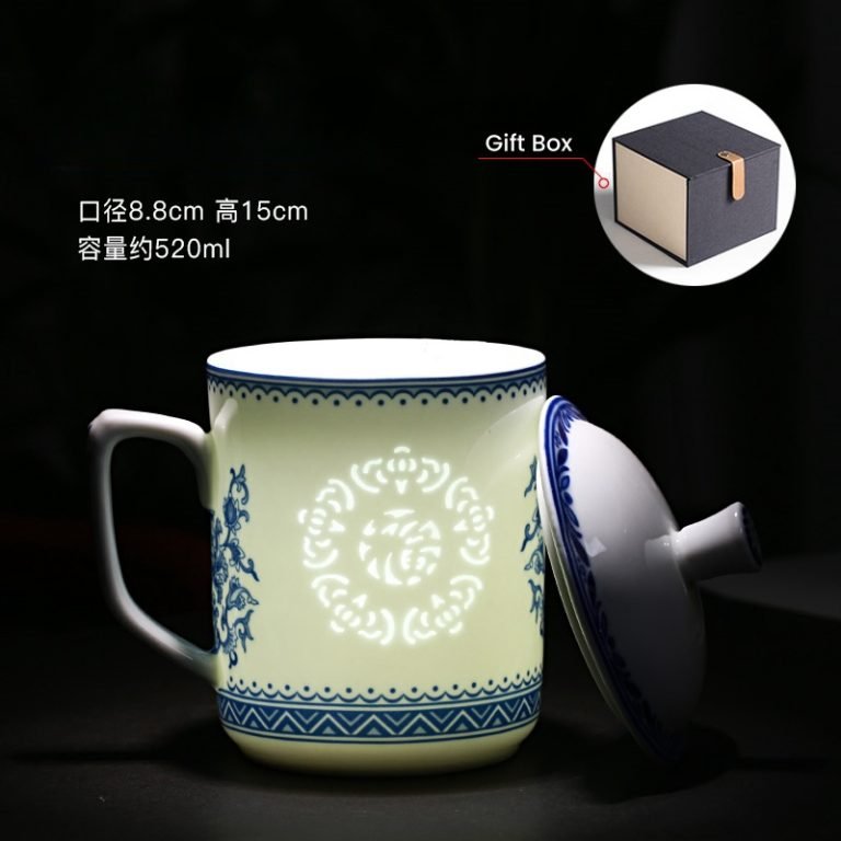 17.6 Fl Oz/520 ML Blue and White Porcelain Chinese Tea Mug Traditional ...