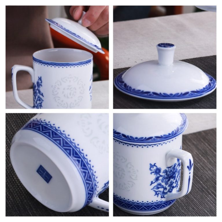 17.6 Fl Oz/520 ML Blue and White Porcelain Chinese Tea Mug Traditional ...
