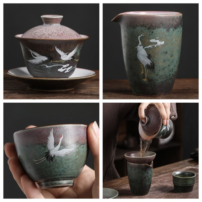 Antique Green Glaze Hand Painted Crane Traditional Chinese Tea Set with ...