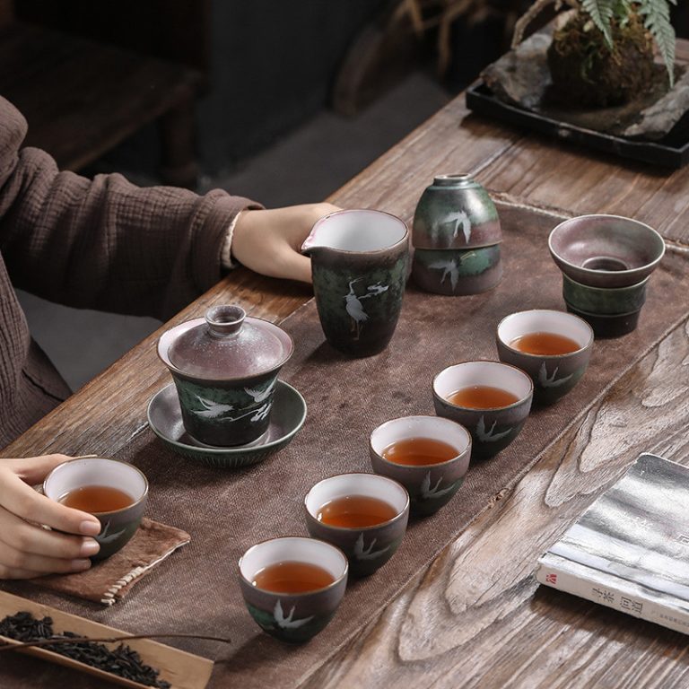 Antique Green Glaze Hand Painted Crane Traditional Chinese Tea Set with ...