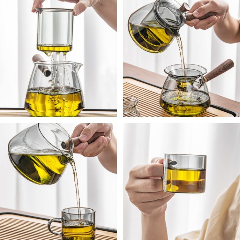 Heat-resistant Borosilicate Grey Glass Tea Set with Antique Wooden Handle
