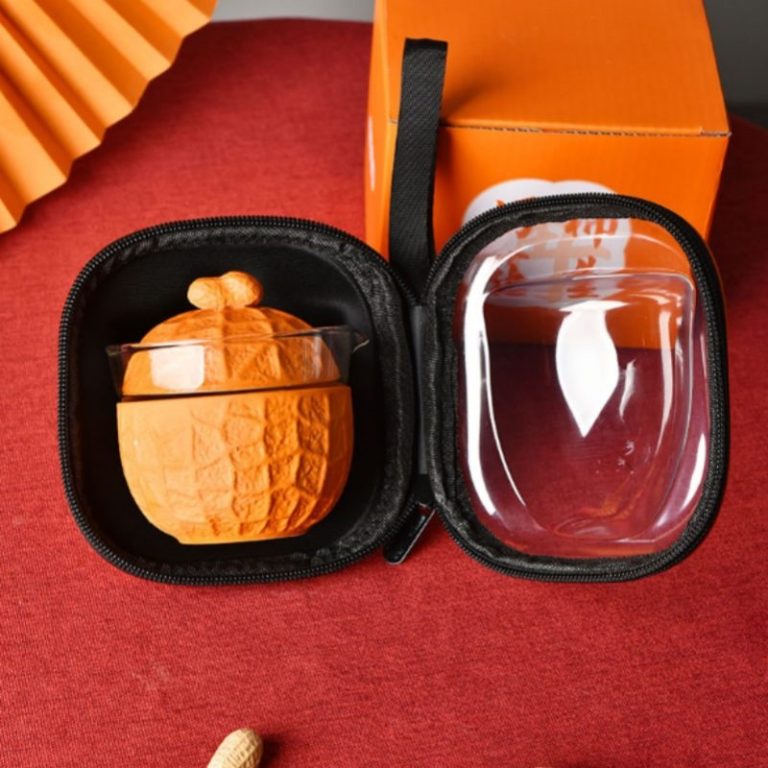Orange Peanut Shaped Ceramic Portable Tea Set Travel Case for One