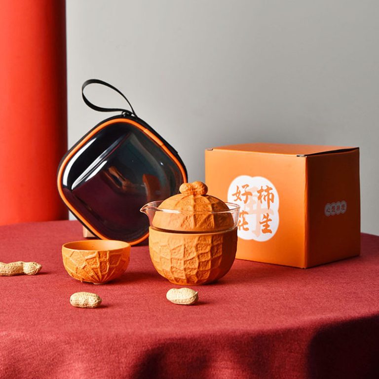 Orange Peanut Shaped Ceramic Portable Tea Set Travel Case for One