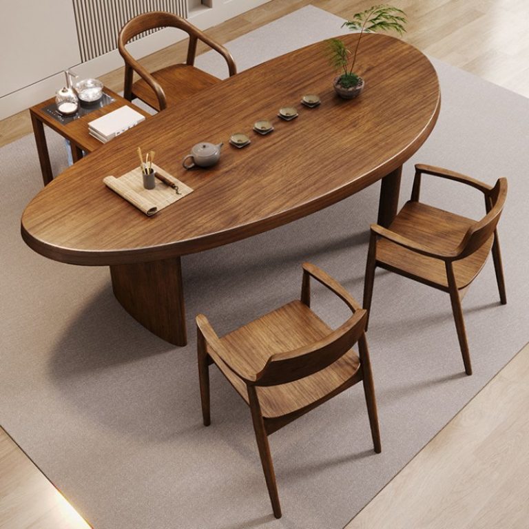 Carved Chinese Solid Wood Arc Kung Fu Tea Ceremony Table with Chairs