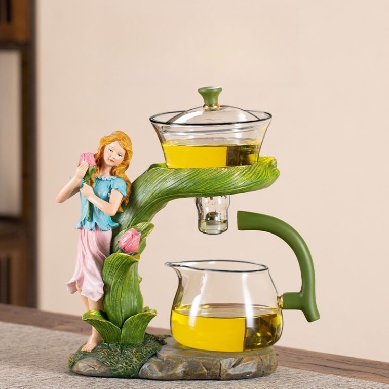 Beautiful Flower Fairy Theme Green Semi Auto Lazy Glass Tea Set