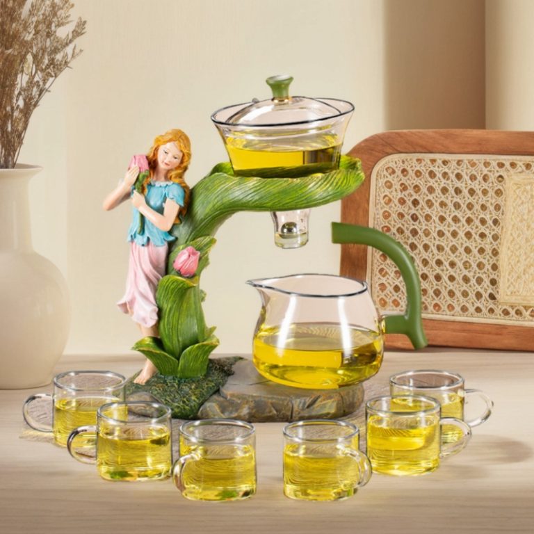 Beautiful Flower Fairy Theme Green Semi Auto Lazy Glass Tea Set
